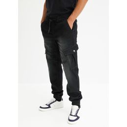 bonprix Regular-Fit Jeans-Jogger mit Dehnbund Straight, schwarz, Gr.50, Joggpants aus elastischem Baumwollstoff mit Cargotaschen und angesagtem Used-Effekt, 73% Baumwolle