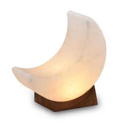 Salzkristallleuchte Mond white line USB, Holzsockel, wei&szlig;