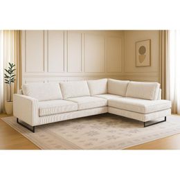 Home Affaire Ecksofa &raquo;Pinto, 290 cm, Cord, Chenille, Lederoptik, Ottomane links / rechts&laquo; mit Keder, schwarze Metallf&uuml;&szlig;e, Wellenunterfederung beige 92