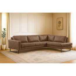 Home Affaire Ecksofa &raquo;Pinto, 290 cm, Cord, Chenille, Lederoptik, Ottomane links / rechts&laquo; mit Keder, schwarze Metallf&uuml;&szlig;e, Wellenunterfederung braun 