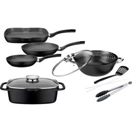 GSW Topf-Set »Gourmet Granit« Set, 3 Pfannen, 1 Bräter, 1 Multi-Wok, 1 Kochzange, 1 Pfannenwender, 7 Stk. tlg. Aluminiumguss schwarz