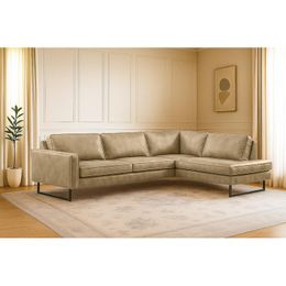 Home Affaire Ecksofa &raquo;Pinto, 290 cm, Cord, Chenille, Lederoptik, Ottomane links / rechts&laquo; mit Keder, schwarze Metallf&uuml;&szlig;e, Wellenunterfederung beige