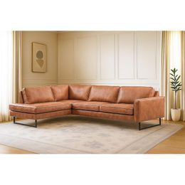 Home Affaire Ecksofa &raquo;Pinto, 290 cm, Cord, Chenille, Lederoptik, Ottomane links / rechts&laquo; mit Keder, schwarze Metallf&uuml;&szlig;e, Wellenunterfederung braun 
