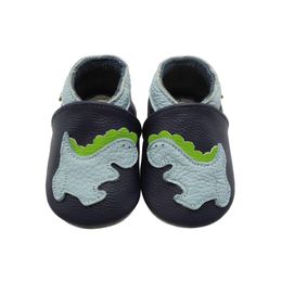 Yalion Baby-Lederlaufschuhe mit rutschfester Sohle – marineblau mit Dinosauriermuster | Gr.: 17/18