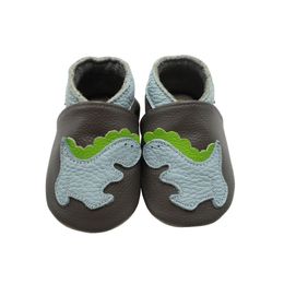 Yalion Baby-Lederlaufschuhe mit rutschfester Sohle &ndash; Grau mit Dinosauriermuster | Gr.: 17/18