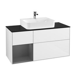 Villeroy & Boch Villeroy und Boch Finion Waschtischunterschrank G162GKGF 120cm, Abdeckplatte black matt, Emotion, Regal links Anthracite matt, Glossy white lacquer