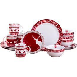 Kombiservice Retsch Arzberg "Geschirr-Set, Service Nordic Reindeer, Winter, Advent, Weihnachten", rot (rot, weiß), 16 Stk., Porzellan, Geschirr-Sets, Kombiservice, Rentier-Design, 16 Teile, für 4 Personen