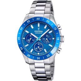 Chronograph Festina "Ceramic", silber (silberfarben, blau), Armbanduhren, Damen, Quarzuhr, Armbanduhr, Damen, Herren, Edelstahlarmband, Keramiklünette