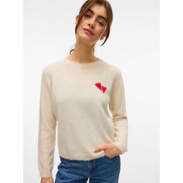 V&eacute;ro Moda Strickpullover VERO MODA "VMBAM LS O-NECK PULLOVER BOO ENT", Damen, Gr. M, birch detail:melange with ribbon rot mel, Strick, Obermaterial: 79% Polyester, 13% Polyacryl, 5% Wolle, 3% Elasthan, meliert, unifarben mit Farbeinsatz, regular fit, Rundhals, Rippb&uuml;ndchen, Pullover Strickpullover