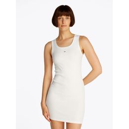 Jerseykleid Tommy Jeans "TJW ESSENTIAL RIB BODYCON EXT", Damen, Gr. L (40), N-Gr, beige (ecru), Jersey, Obermaterial: 96% Baumwolle, 4% Elasthan, unifarben, figurbetont mini, Rundhals, Kleider Jerseykleid, mit gerippter Struktur