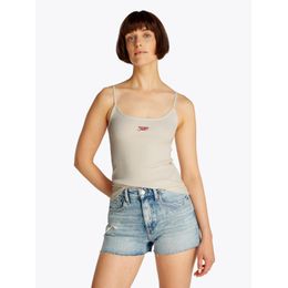 Spaghettitop Tommy Jeans "TJW SCRIPT STRAPPY TOP", Damen, Gr. S (36), wei&szlig; (ancient wei&szlig;), Single Jersey, Obermaterial: 95% Baumwolle, 5% Elasthan, unifarben, Basic, slim fit kurz, Rundhals, Tops, in Rippoptik, mit Logoschriftzug