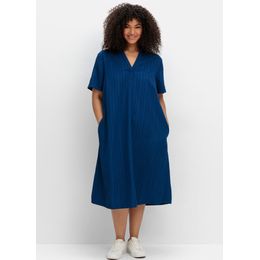 Tunikakleid sheego "Blusenkleid", Damen, Gr. 40, Normalgrößen, blau (blaubeere), 97% Polyester, 3% Elasthan, unifarben, wadenlang, V-Ausschnitt, Kleider