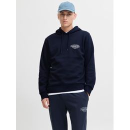 Jack & Jones Kapuzensweatshirt JACK & JONES "JJMAKOTO SWEAT HOOD", Herren, Gr. L, blau (sky captain print:small print), angeraute Sweatware, Obermaterial: 80% Baumwolle, 20% Polyester, bedruckt, regular fit normal, Rundhals, Rippb&uuml;ndchen, Sweatshirts