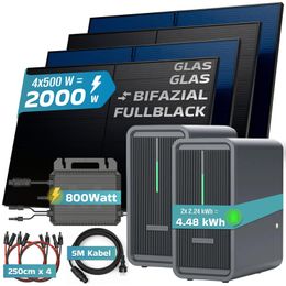 SUNNIVA&reg; 2000W Balkonkraftwerk mit 4.48 kWh Speicher MARSTEK 2x B2500-D, BIFAZIAL FULLBLACK komplett Steckdose, PV Solaranlage Komplettset mit Solarspeicher, 4x 500W N-Type Glas-Glas Bifacial Module
