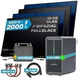 SUNNIVA&reg; 2000W Balkonkraftwerk mit 2,24 kWh Speicher MARSTEK B2500-D, BIFAZIAL FULLBLACK komplett Steckdose, PV Solaranlage Komplettset mit Solarspeicher, 4x 500W N-Type Glas-Glas Bifacial Module