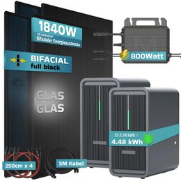 SUNNIVA&reg; 1840W Balkonkraftwerk mit 4.48 kWh Speicher Marstek 2x B2500-D, BIFAZIAL FULLBLACK komplett Steckdose, PV Solaranlage Komplettset mit Solarspeicher, 4x 460W N-Type Glas-Glas Bifacial Module