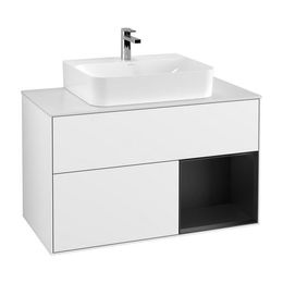 Villeroy & Boch Villeroy und Boch Finion Waschtischunterschrank F121PDGF 100cm, Abdeckplatte wei&szlig; matt, Regal rechts Black matt lacquer, Glossy white lacquer