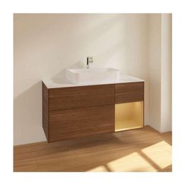 Villeroy & Boch Villeroy und Boch Finion Waschtischunterschrank F171HFGN mit Beleuchtung, 1200 x 603 x 501 mm, Abdeckplatte white matt, Regal rechts Gold matt, Walnut veneer