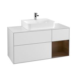 Villeroy & Boch Villeroy und Boch Finion Waschtischunterschrank F171GNMT 120cm, Abdeckplatte white matt, Regal rechts Walnut veneer, White matt lacquer