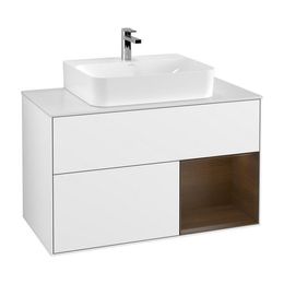 Villeroy & Boch Villeroy und Boch Finion Waschtischunterschrank F121GNGF 100cm, Abdeckplatte wei&szlig; matt, Regal rechts Walnut veneer, Glossy white lacquer
