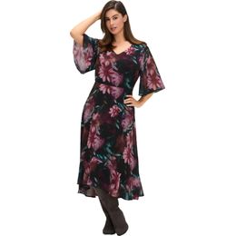 sheego Damen Chiffonkleid mit Fl&uuml;gel&auml;rmeln und Volants schwarz-bedruckt Gr&ouml;&szlig;e 56