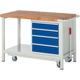 Rau Werkbank Serie 8162, absenkbar, fahrbar, 4 Schubladen, B 1250 x T 700 x H 880 mm