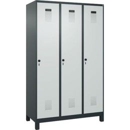 Kleiderspind C+P Evolo Plus, 3 Abteile, 400 mm Abteilbreite, mit F&uuml;&szlig;en, Anschlag rechts, B 1200 x T 500 x H 1950 mm, Drehriegel, anthrazitgrau/lichtgrau