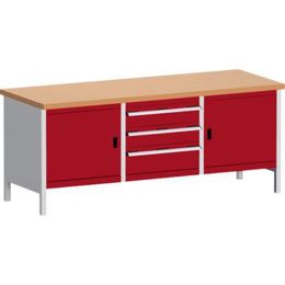 Bott Kastenwerkbank cubio, Rotbuchenholz, B 2000 x T 750 x H 840 mm, purpurrot/lichtgrau
