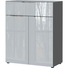 Kommode, mit 1 Schublade und 2 T&uuml;ren, Glasfront- und auflage, B 830 x T 420 x H 1020 mm, graphit/silbergrau