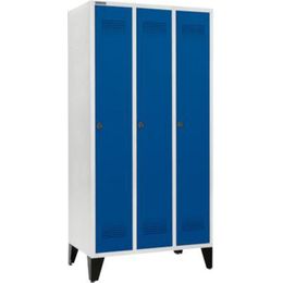 Sch&auml;fer Shop Sch&auml;fer Shop Genius Kleiderspind mit F&uuml;&szlig;en, 3 Abteile, 300 mm Abteilbreite, Sicherheitsdrehriegelverschluss, lichtgrau/enzianblau