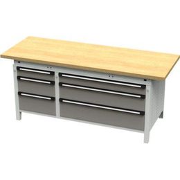Otto Kind Breitfachwerkbank Typ 415, Buche Multiplexplatte, bis 1.400 kg, B 2004 x T 750 x H 850 mm, Stahl, Zentralverschluss, lichtgrau/staubgrau