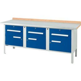 Sch&auml;fer Shop Kastenwerkbank Sch&auml;fer Shop Select PW 200-5, Buche Multiplexplatte, mit Stahlabdeckung, bis 750 kg, B 2000 x T 700 x H 840 mm, Enzianblau
