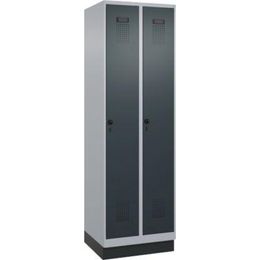 Kleiderspind C+P Evolo Plus, 2 Abteile, 300 mm Abteilbreite, mit Sockel, Anschlag rechts, Drehriegel, B 600 x T 500 x H 1950 mm, wei&szlig;aluminium/anthrazitgrau