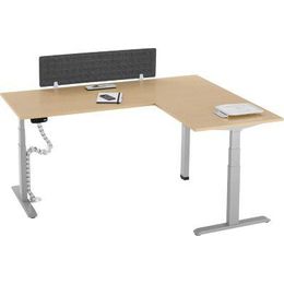 90&deg; Winkeltisch mit Akustik-Tischtrennwand & Kabelf&uuml;hrung, Memorymaster, elektrisch h&ouml;henverstellbar, T-Fu&szlig;, B 2000 x T 1600 mm, Ahorn-Dekor