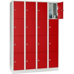 Wertfachschrank 300 mm, 4 Abteile, 16 F&auml;cher, Sicherheitszylinderschloss, Sockel, feuerrot