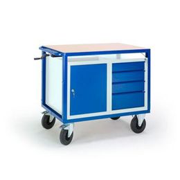 ROLLCART Tischwagen h&ouml;henverstellbar, 1090 x 700 mm, mit Stahl - und Schubladenschrank, Tragkraft 400 kg