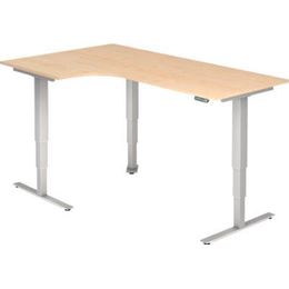 Winkelschreibtisch ULM, elektrisch h&ouml;henverstellbar, 90&deg; Winkel links, T-Fu&szlig;, B 2000 x T 1200 x H 625-1275 mm, Ahorn/wei&szlig;alu + Memoryschalter