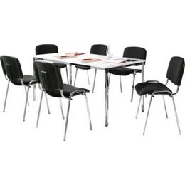 Sparset Stapelstuhl ISO Basic, Bezugsstoff schwarz, Sitzma&szlig;e B 475 x T 415 x H 470 mm, 6 St&uuml;ck + Konferenztisch, wei&szlig;, B 1600 x T 800 mm