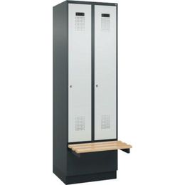 Kleiderspind C+P Evolo Plus, 2 Abteile &agrave; 300 mm Breite, Sockel, schwebende Sitzbank, B 600 x T 815 x H 1950 mm, Zylinder, anthrazitgrau/lichtgrau