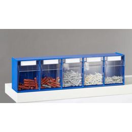 Kleinteilemagazin MultiStore, Reihengr&ouml;&szlig;e 5, B 600 x T 110 x H 164 mm, Volumen 5,3 l, stapelbar, Polystyrol, blau/transp.