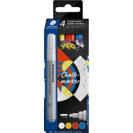 Kreidemarker Staedtler Lumocolor&reg;, Rundspitze, Strichbreite 2,4 mm, f&uuml;r glatte Oberfl&auml;chen, Fl&uuml;ssigkeit auf Wasserbasis, 4er-Set farbsortiert