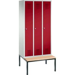 Garderobenspind Evolo S 3000, Stahl, m. untergeb. Sitzbank, 3 Abteile m. jew. B 300 mm, Zylinderschloss, lichtgrau RAL 7035/rubinrot RAL 3003