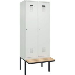 Kleiderspind C+P Evolo Plus, 2 Abteile &agrave; 400 mm Breite, schwebende Sitzbank, B 800 x T 815 x H 2120 mm, Zylinder, lichtgrau/lichtgrau