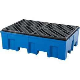 Auffangwanne, f&uuml;r 2 F&auml;sser &agrave; 200 l, unterfahrbar, B 865 x T 1245 x H 350 mm, mit Polyethylen-Gitterrost, Polyethylen, blau