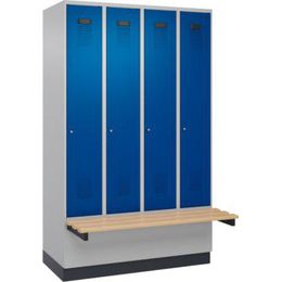 Kleiderspind C+P Evolo Plus, 4 Abteile &agrave; 300 mm Breite, Sockel, schwebende Sitzbank, B 1200 x T 815 x H 1950 mm, Zylinder, wei&szlig;aluminium/enzianblau