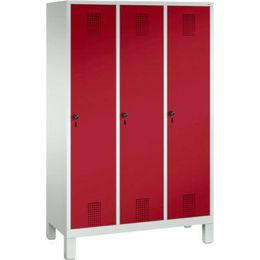 Garderobenspind Evolo S 3000, Stahl, m. F&uuml;&szlig;en, 3 Abteile, Sicherheitsdrehriegelverlschluss, lichtgrau RAL 7035/rubinrot RAL 3003