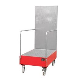 Fahrbare Auffangwanne mit Lochplattenwand, aus Stahl, Kapazit&auml;t 2 x 200-Liter F&auml;sser, rot lackiert