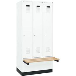Kleiderspind C+P Evolo Plus, 3 Abteile &agrave; 300 mm Breite, Sockel, schwebende Sitzbank, B 900 x T 815 x H 1950 mm, Zylinder, verkehrswei&szlig;/verkehrswei&szlig;
