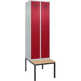 Kleiderspind C+P Evolo Plus, 2 Abteile mit je 300 mm Breite, Unterbau-Sitzbank, B 600 x T 815 x H 2120 mm, Zylinder, lichtgrau/rubinrot
