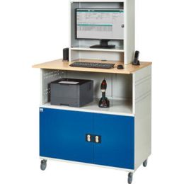 Rau Computer-Station Typ 1023, Monitorfach bis 26&ldquo;, Ablagefach, Arbeitsplatte, Unterschrank, bis 200 kg, B 1100 x T 790 x H 1890 mm, Stahl/Holz, mobil